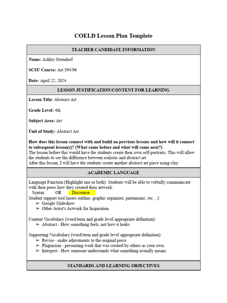 art edtpa lesson plan | PDF | Vocabulary | Lesson Plan