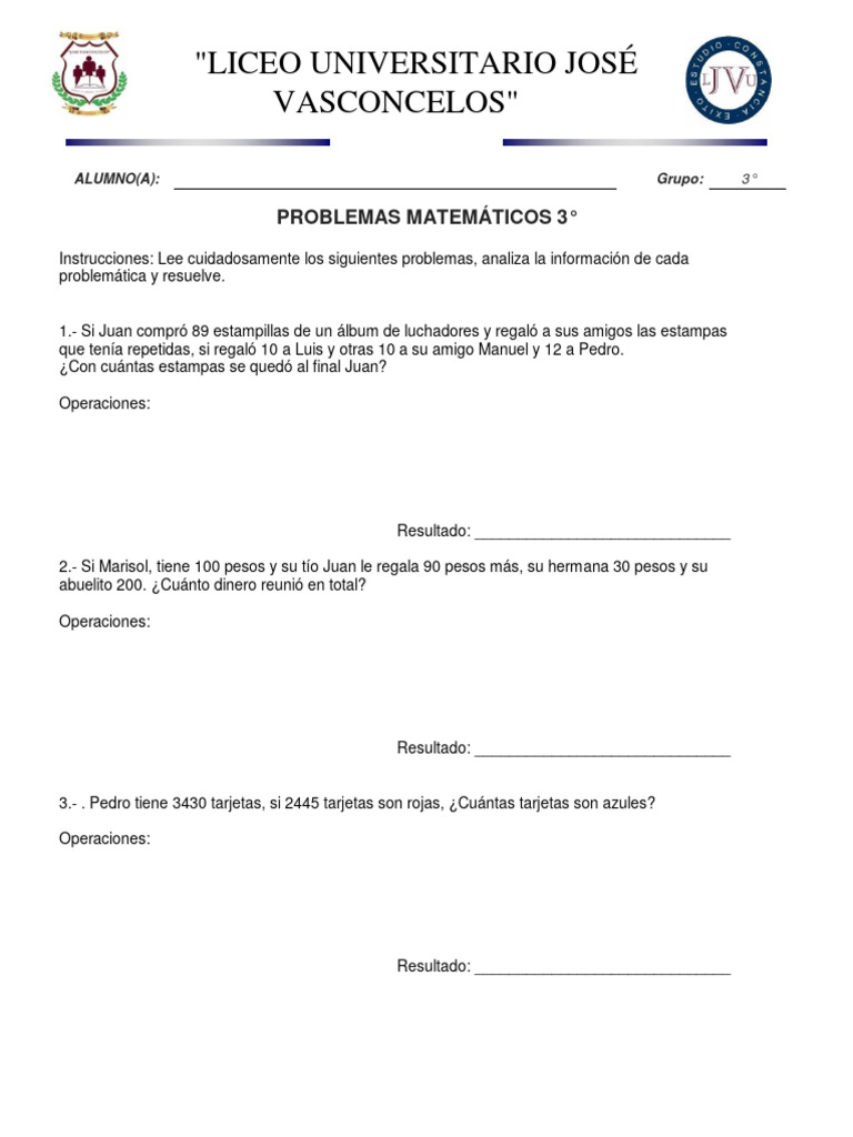 Problemas Matemáticos para 3° de Primaria | PDF