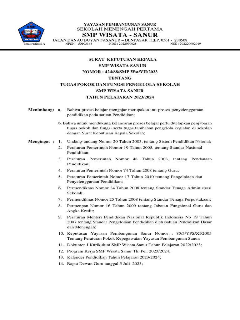 30.4 SOP SK TUGAS GURU DAN TENAGA KEPENDIDIKAN Baru SMP Wisata Sanur | PDF