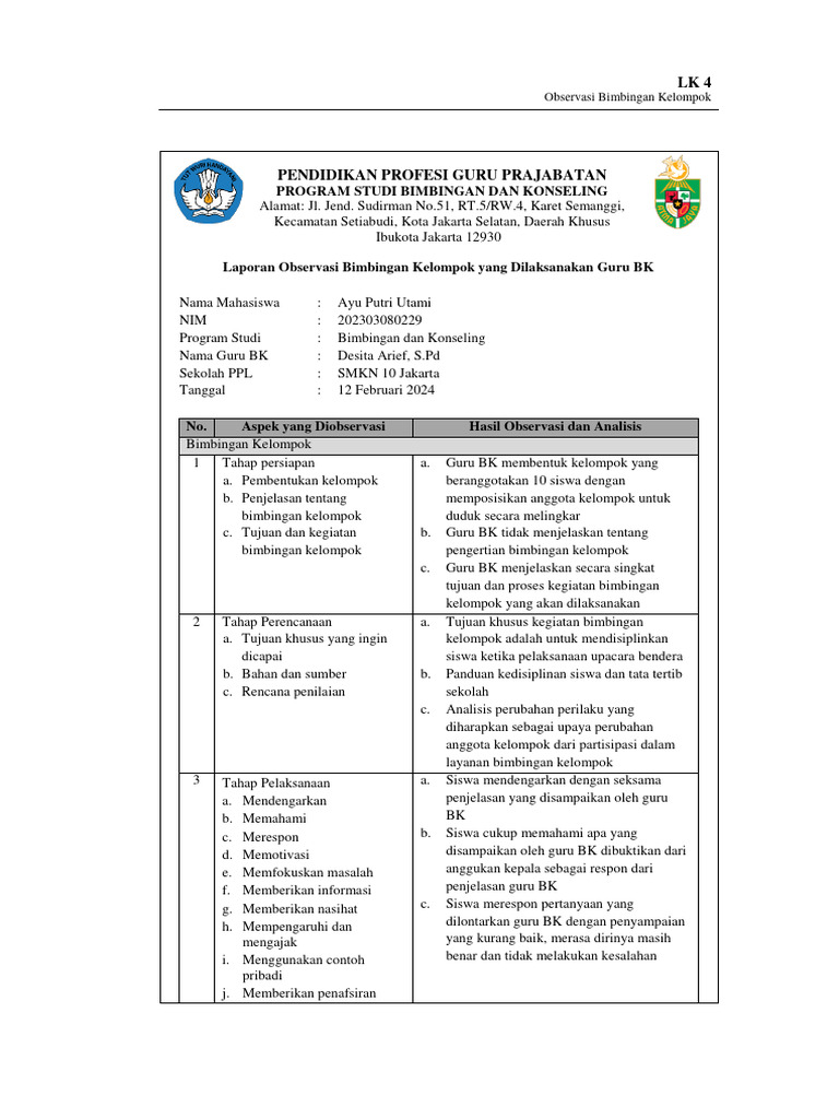 LK 4 - Observasi Bimbingan Kelompok | PDF