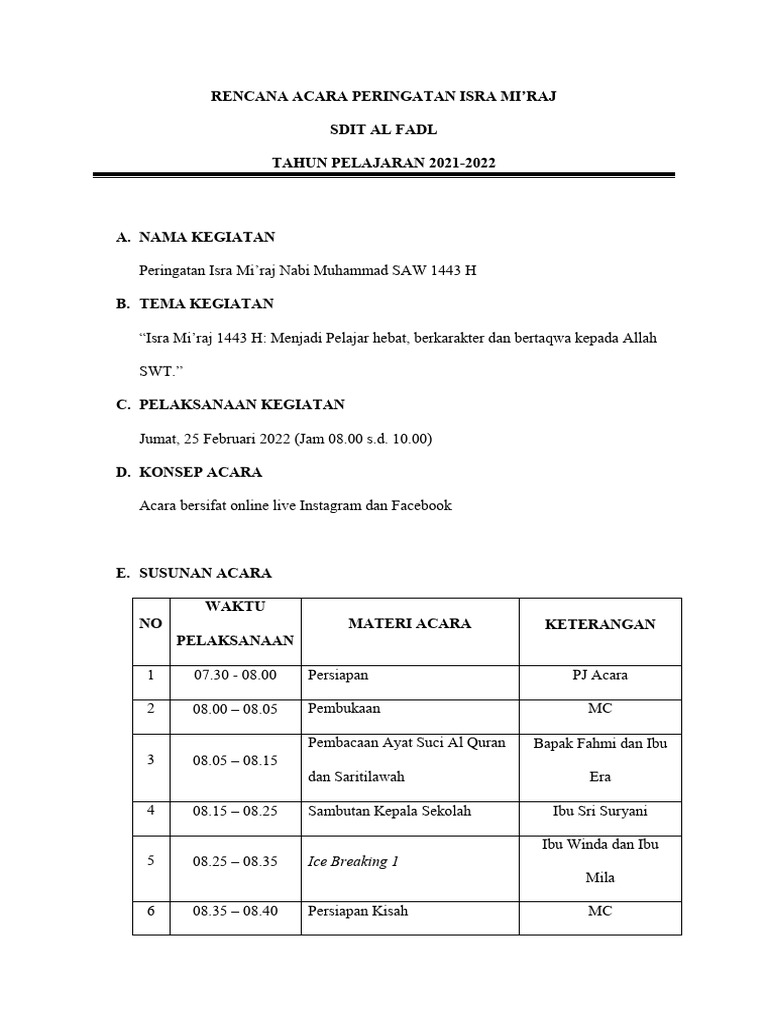 RENCANA ACARA PERINGATAN ISRA MIraj 1443 H | PDF