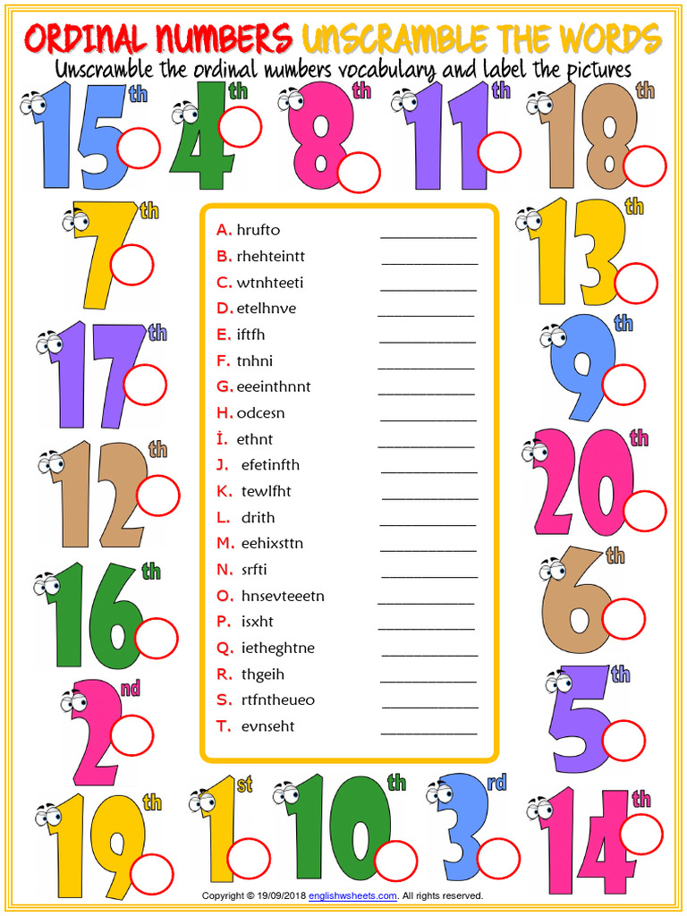 Ordinal Numbers Vocabulary Esl Unscramble The Words Worksheet For Kids ...