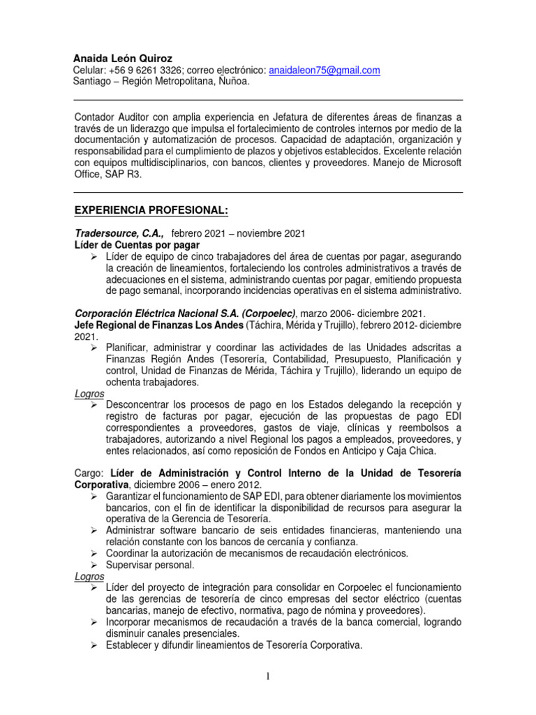CV Anaida Leon Contador Auditor | PDF | Contador | Auditoría