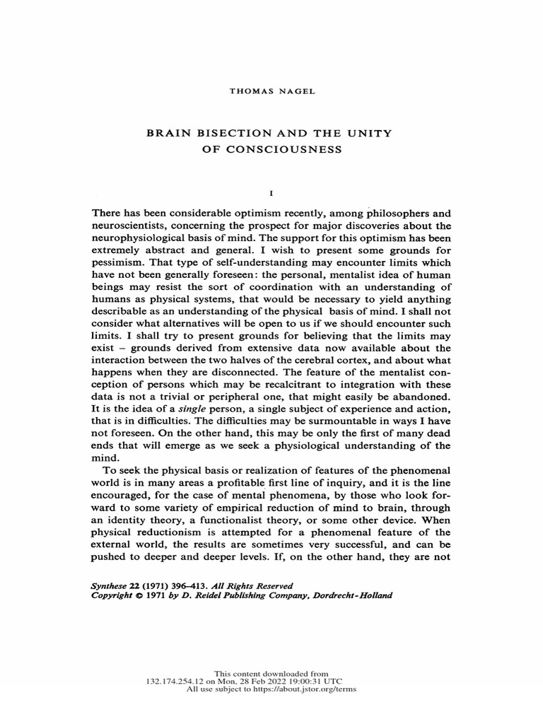 Brain Bisection and The Unity of Consciousness (Thomas Nagel) | PDF ...