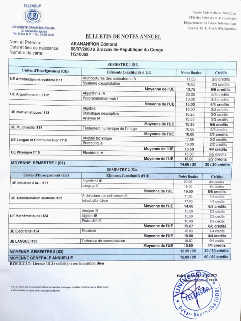 Bulletin Annuel Licence1 Et Licence2 | PDF