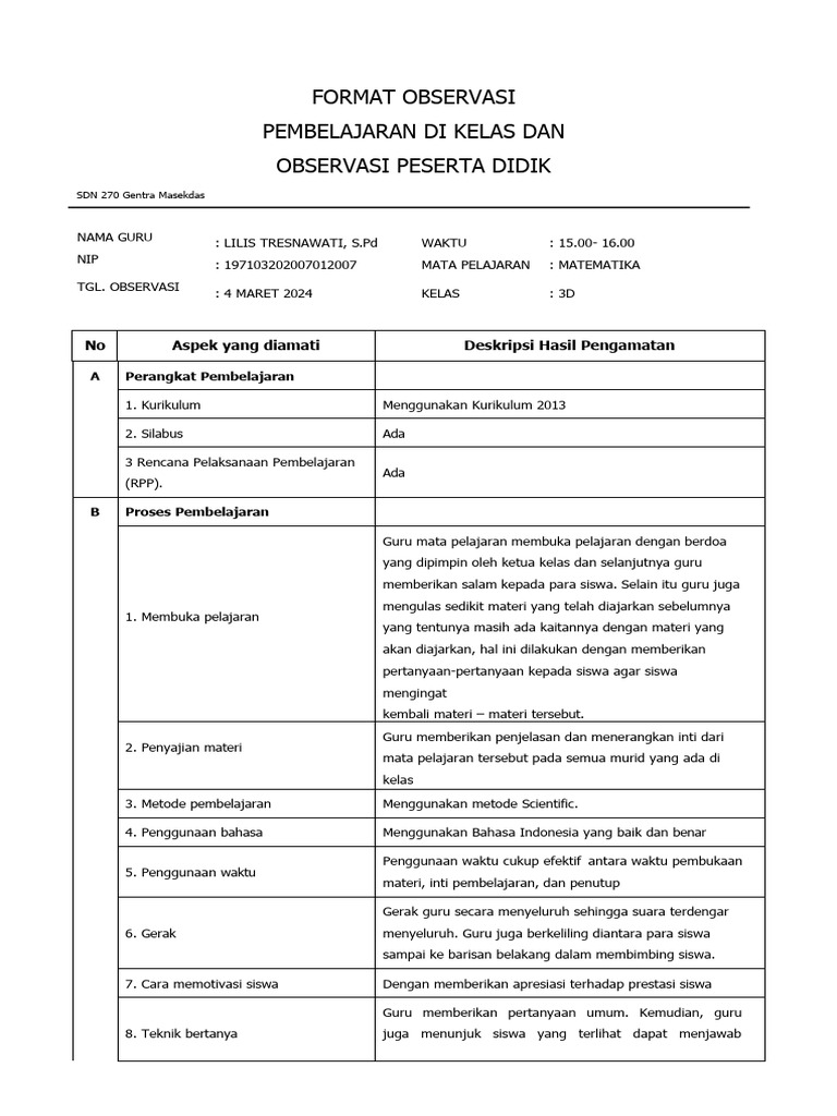Lampiran Lembar Observasi Kelas 3D | PDF