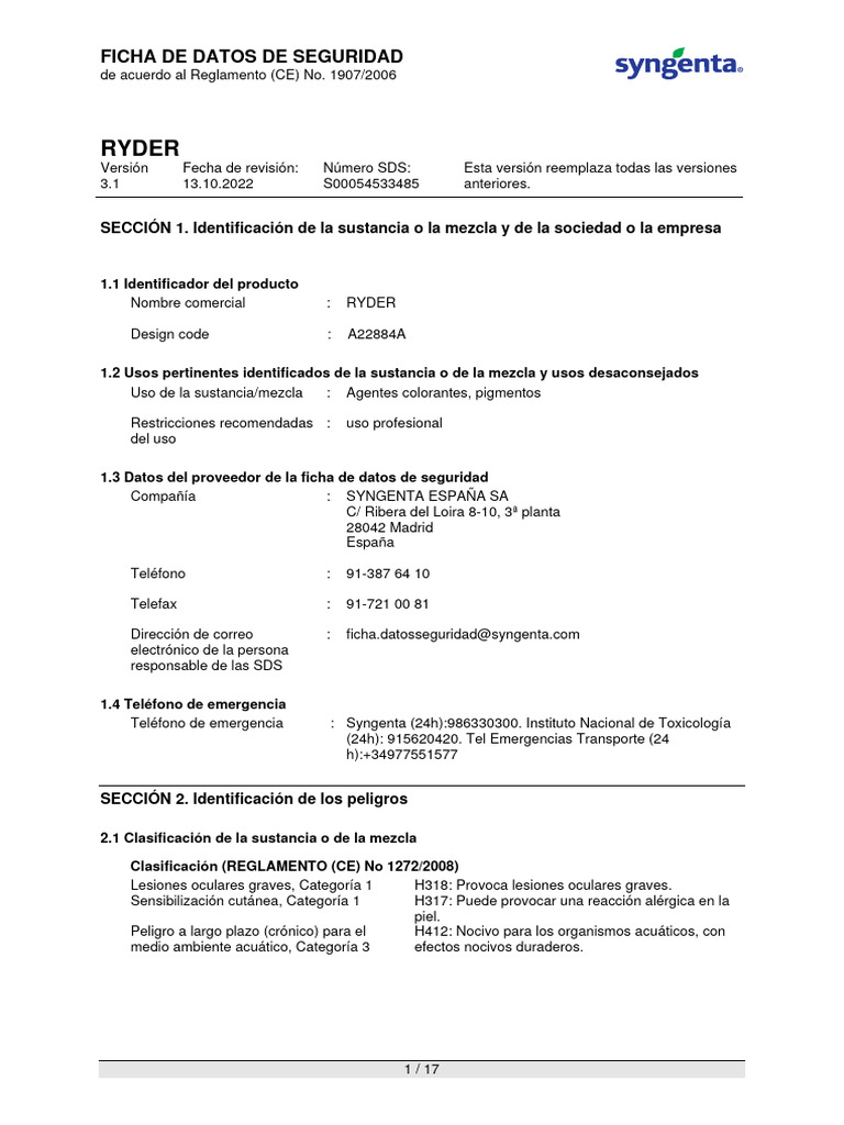 Ficha Seguridad Ryder | PDF | Agua