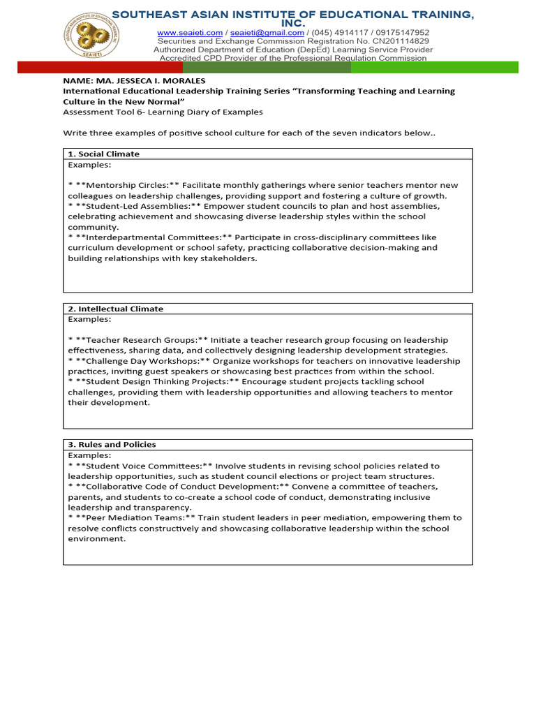 Name: Ma. Jesseca I. Morales International Educational Leadership Training Series "Transforming ...