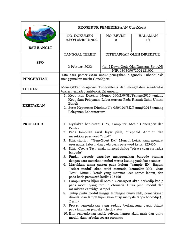 Prosedur Pemeriksaan GeneXpert TB | PDF