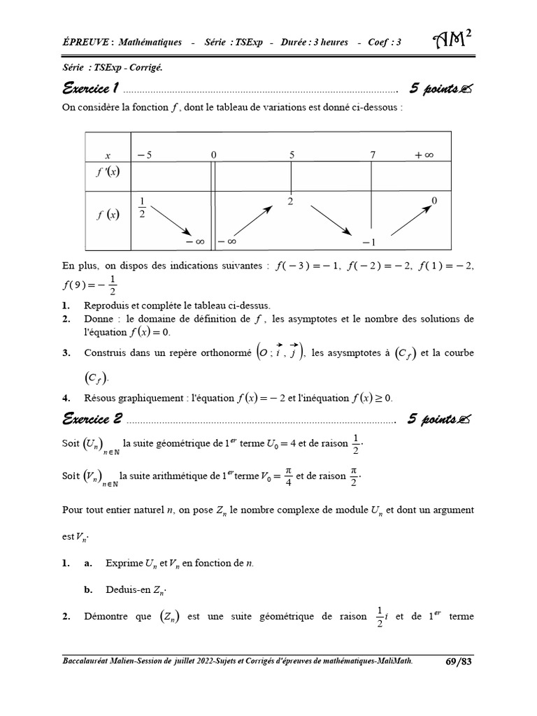 Bac Mali 2022: Corrigés Maths | PDF | Mathématiques | Analyse mathématique