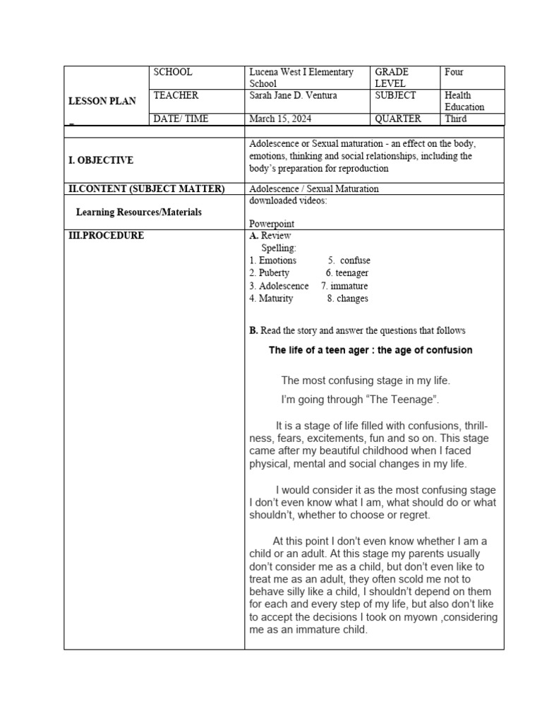 March 15 2024 HEALTH EDUCATION LESSON Autosaved | PDF | Adolescence ...