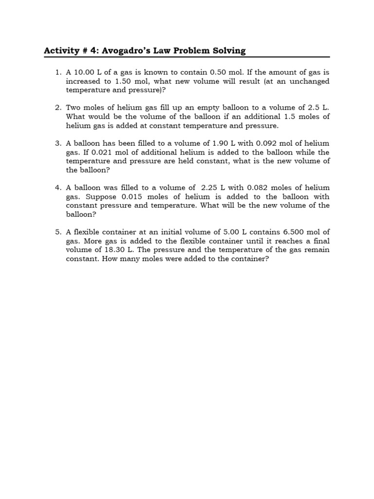 Avogadros Law Activity | PDF | Science & Mathematics