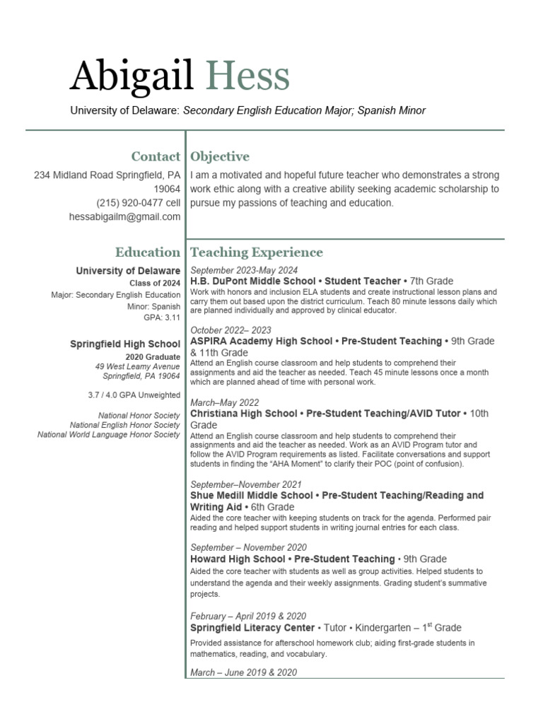 Website Resume-Abigail Hess | PDF | Teachers | Curriculum
