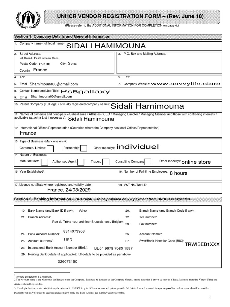 Sample Vendor Registration Form | PDF | Business