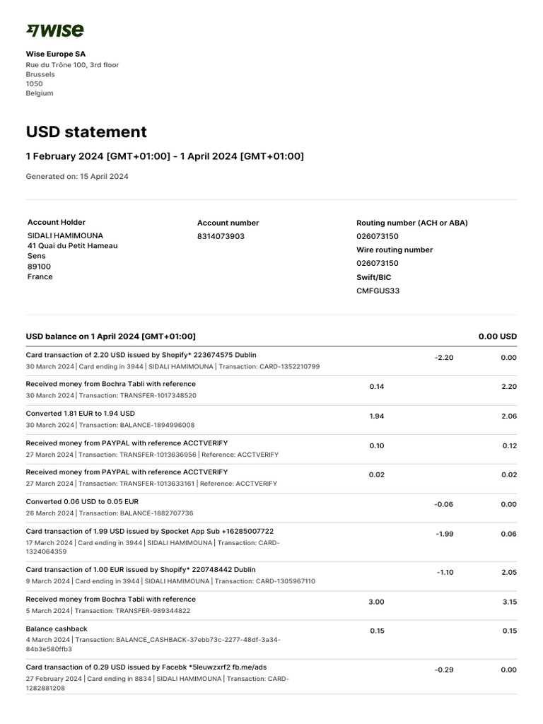 Sidali Hamimouna Bank Statement | PDF | Pay Pal | Money