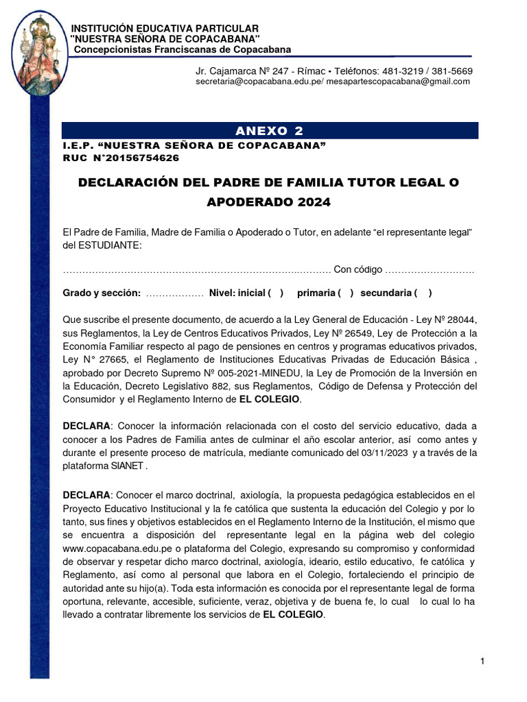 Declaración Del Padre de Familia Tutor Legal O Apoderado 2024 | PDF | Regulación | Escuelas