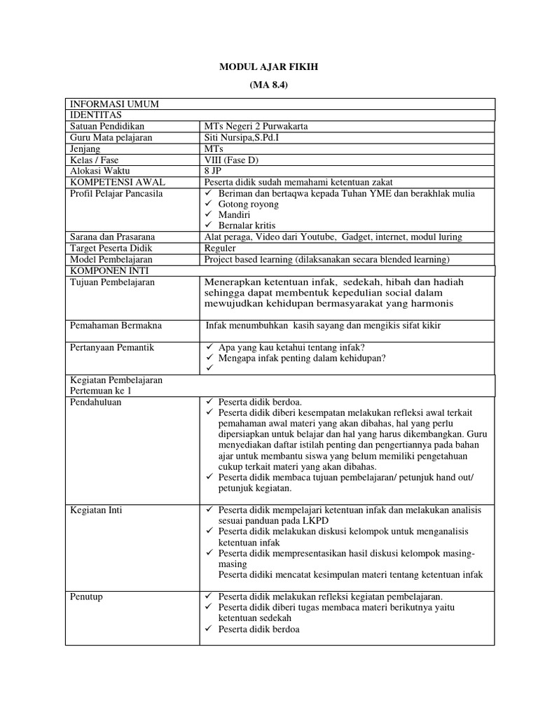 MODUL AJAR FIKIH 8.4 Infak Di Luar Zakat | PDF