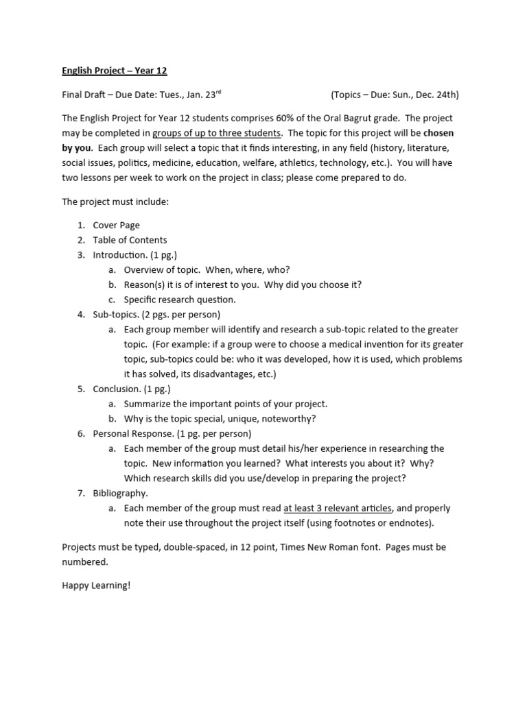 Year 12 English Project Guidelines | PDF | Note (Typography) | Human ...
