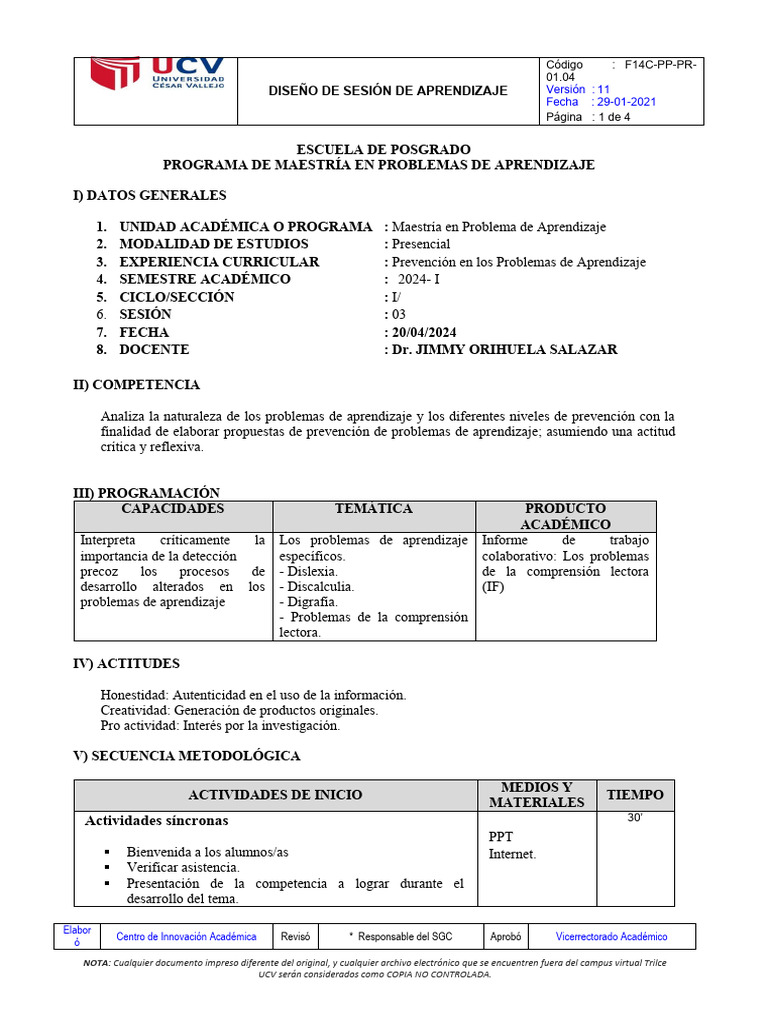 Sesión de aprendizaje 3 - Prevención en Problemas de aprendizaje 2024 | PDF | Aprendizaje ...