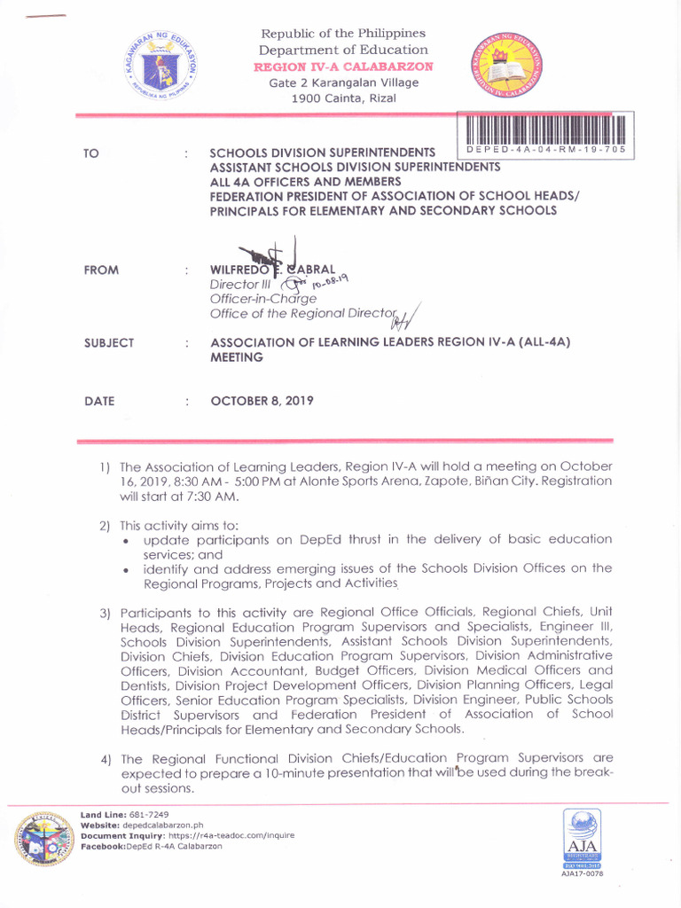 Regional Memorandum No. 705 s.2019 | PDF | Philippines