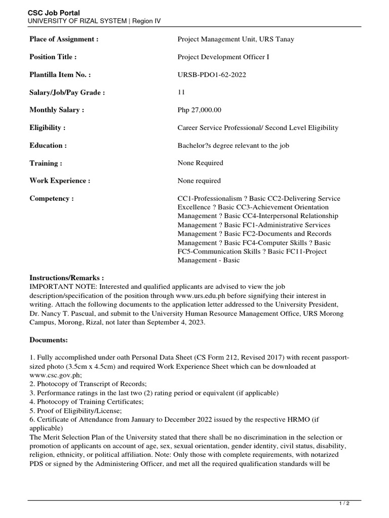 University of Rizal System-Project Development Officer I | PDF | Human ...
