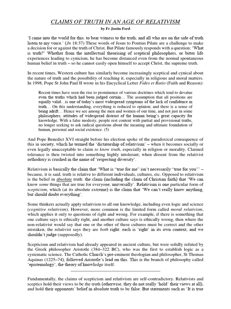 Claims of Truth in An Age of Relativism | PDF | Relativism | Truth
