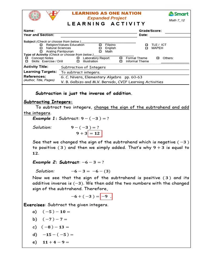 Subtraction of Integers Explained | PDF | Subtraction | Integer