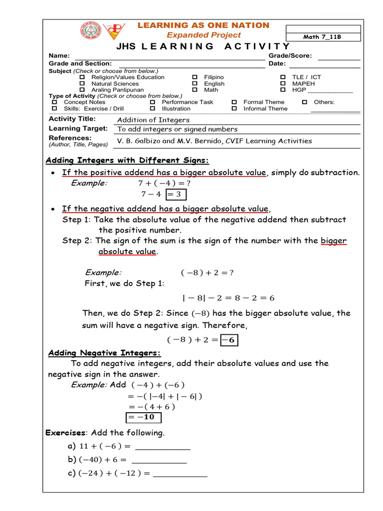 Math 7 LAS 11B Addition of Integers | PDF | Mathematical Notation | Numbers