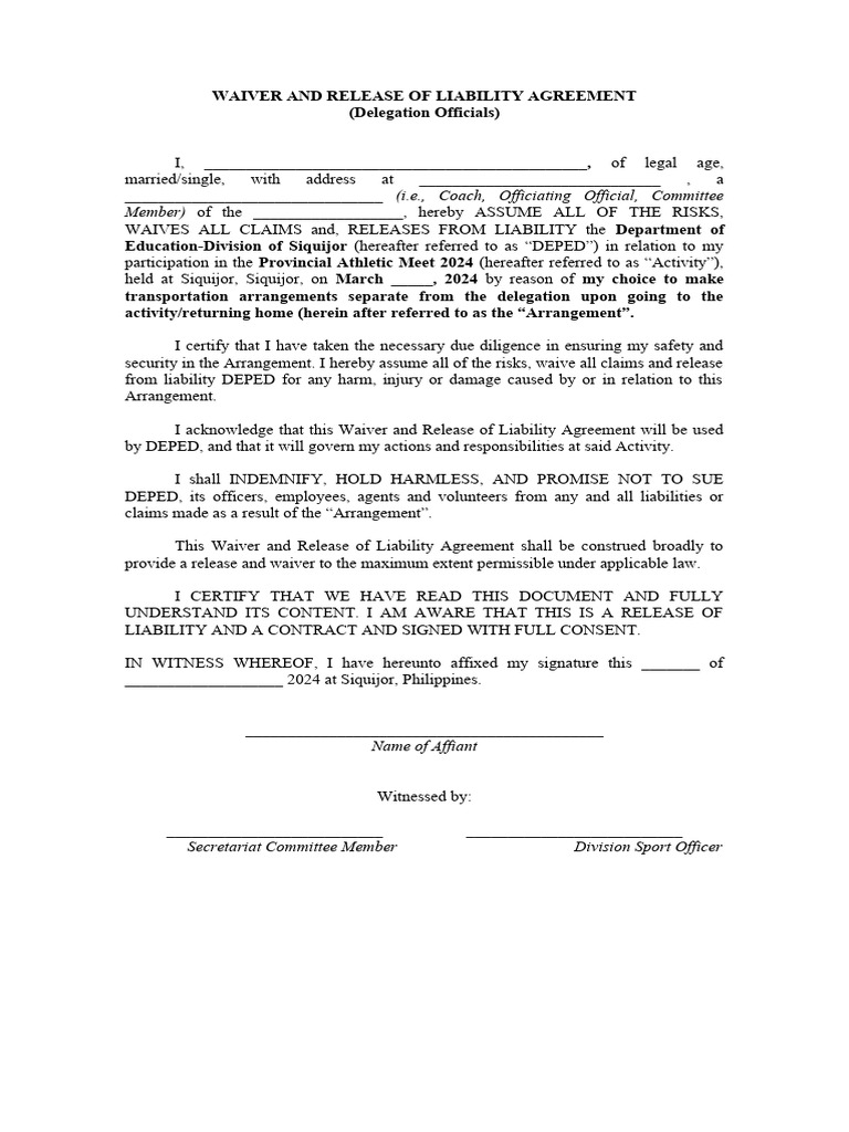 Liability Waiver for Athletic Meet 2024 | PDF | Legal Liability | Indemnity