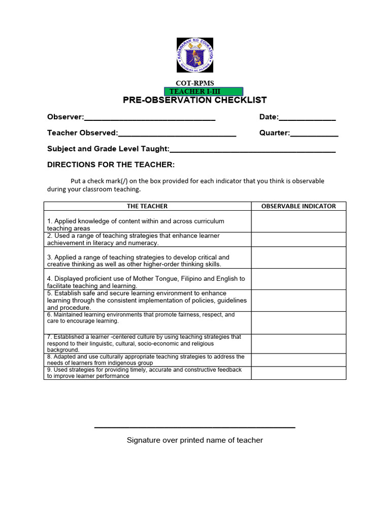 Teacher Pre-Observation Checklist | PDF | Teachers | Learning