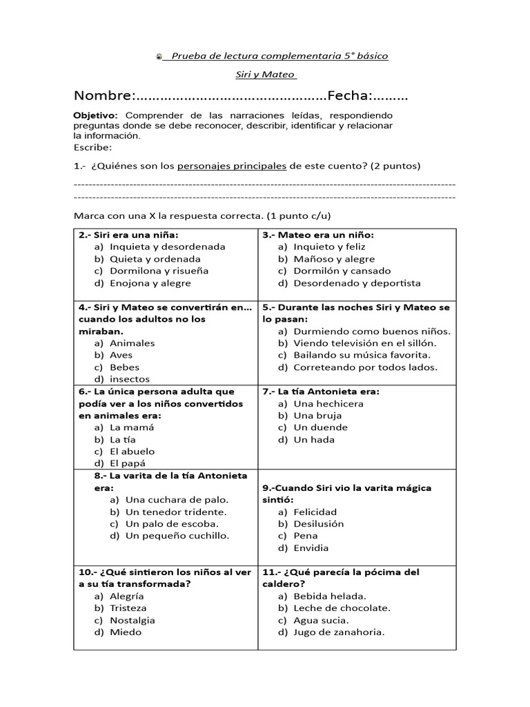 Prueba de lectura complementaria 5 | PDF
