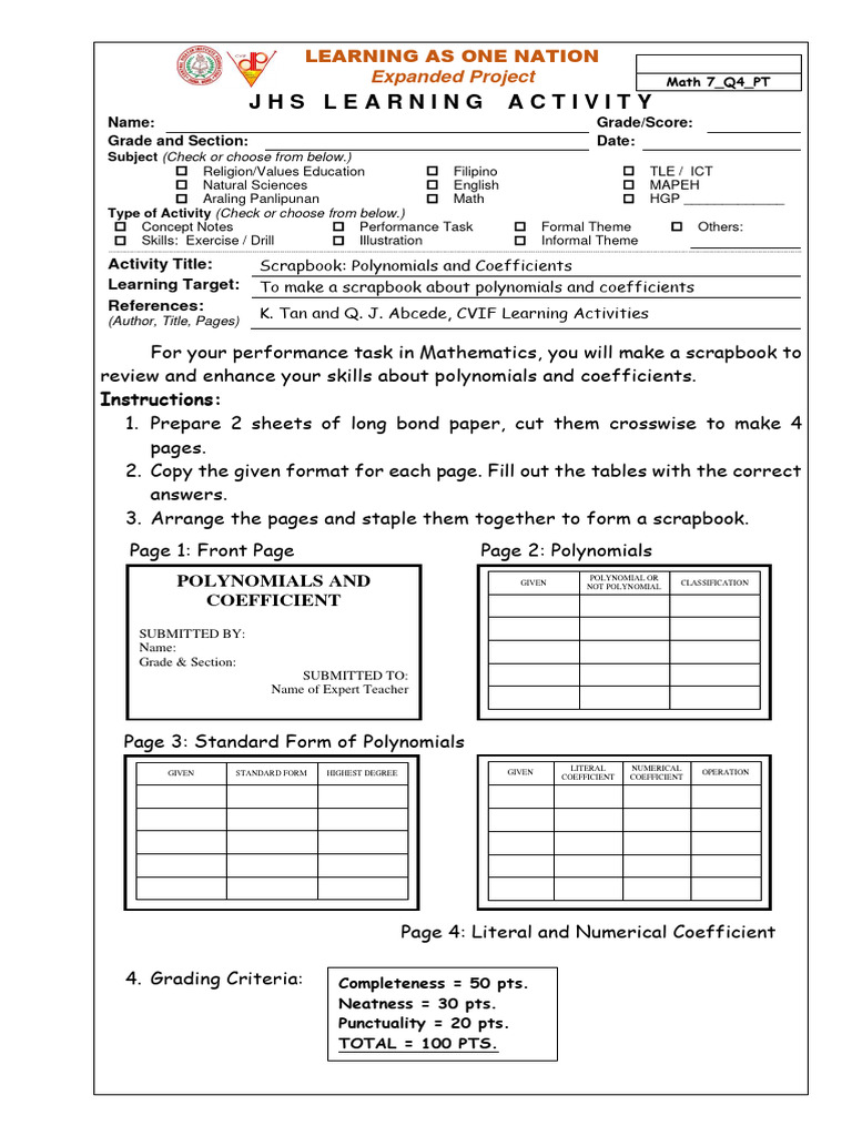 Math 7 Q4 PT Scrapbook - Polynomials and Coefficients | PDF
