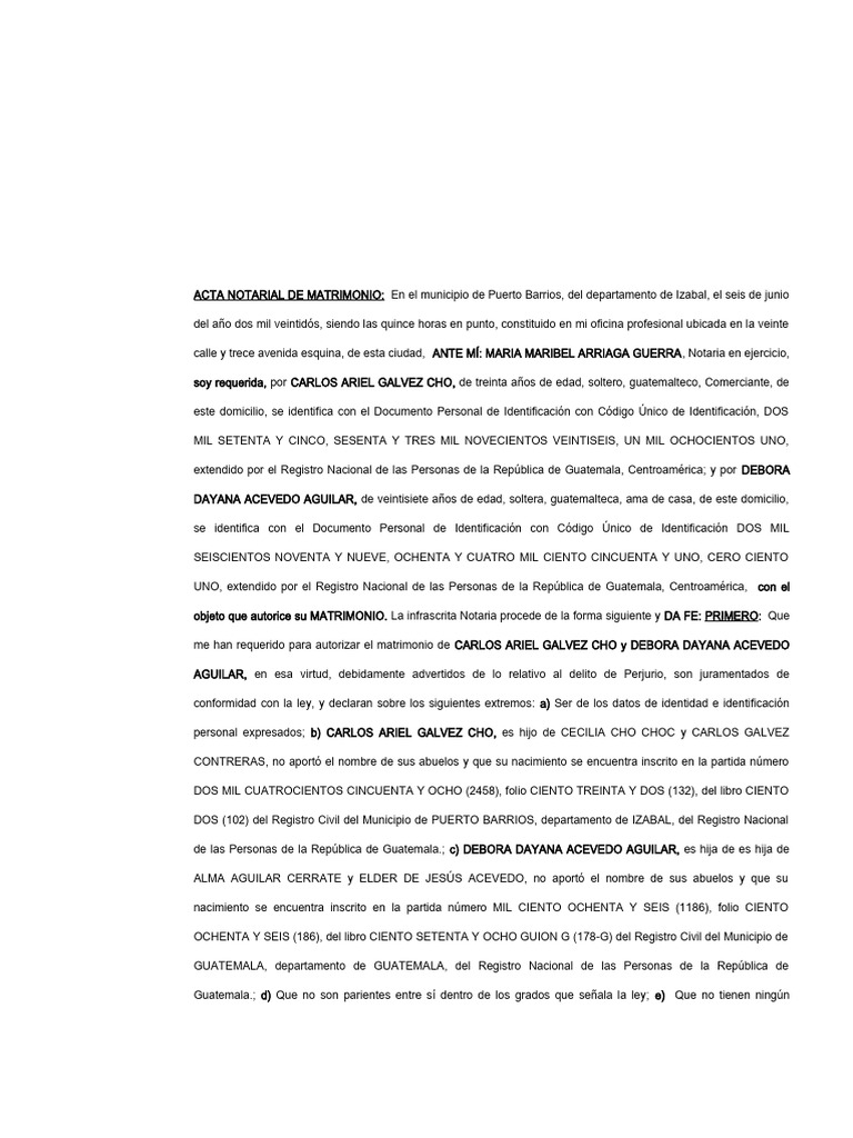 Acta de Matrimonio Carlos Ariel Galvez Cho y Debora Dayana Acevedo ...