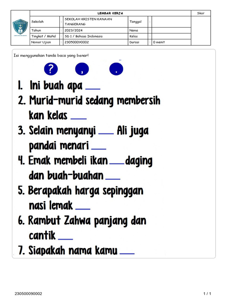 Bahasa Indonesia Worksheet 2 - Tanda Baca | PDF