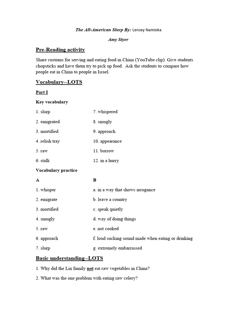 The All American Slurp Worksheet | PDF | Foods