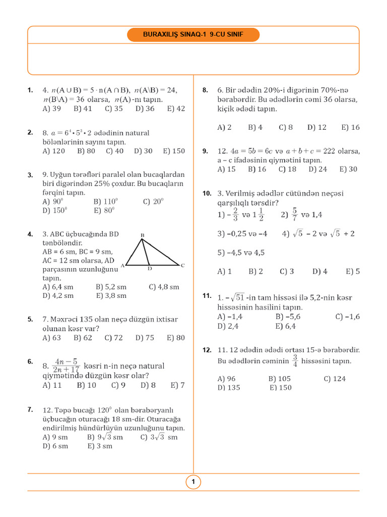 Buraxilis Sinaq-1 9-Cu Sinif | PDF