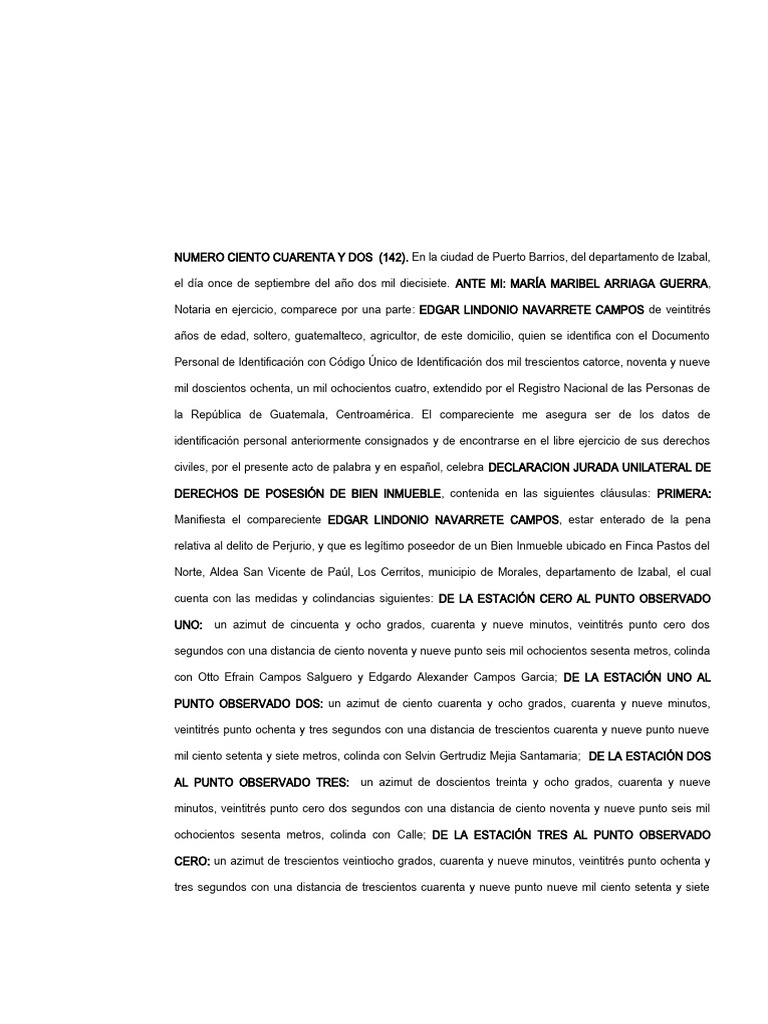 Declaracion Jurada de Derechos de Posesion Edgar Lindonio Navarrete Campos | PDF