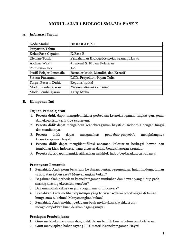 Modul Ajar Biologi K-X SEM 1 | PDF