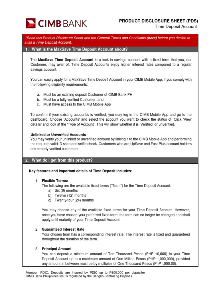 Product Disclosure Sheet_Time Deposit | PDF | Interest | Deposit Account