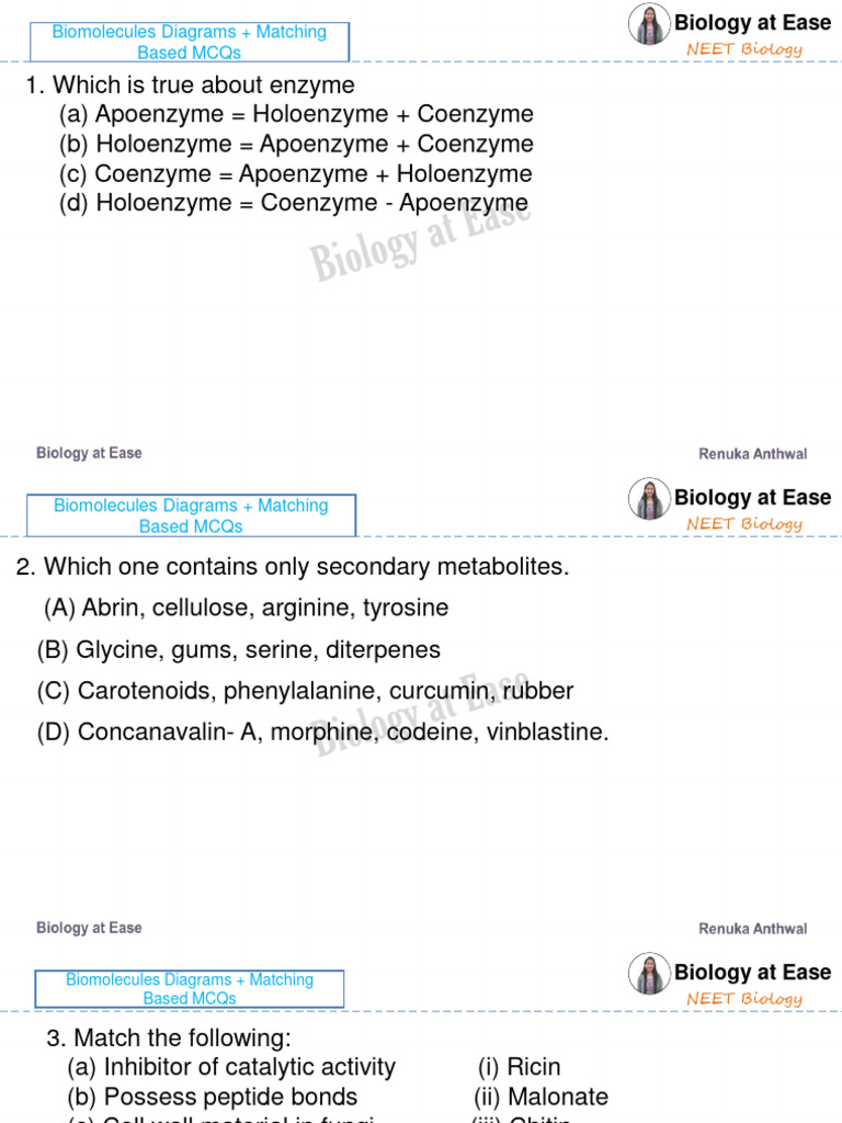 Biomolecules Diagrams + Matching Based MCQs-1 | PDF | Biomolecules | Enzyme