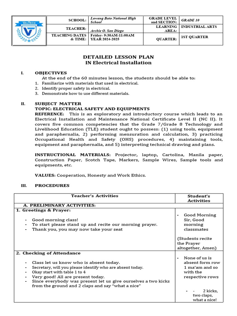 Detailed Lesson Plan in Eletrical Installation and Maintenance Archie ...