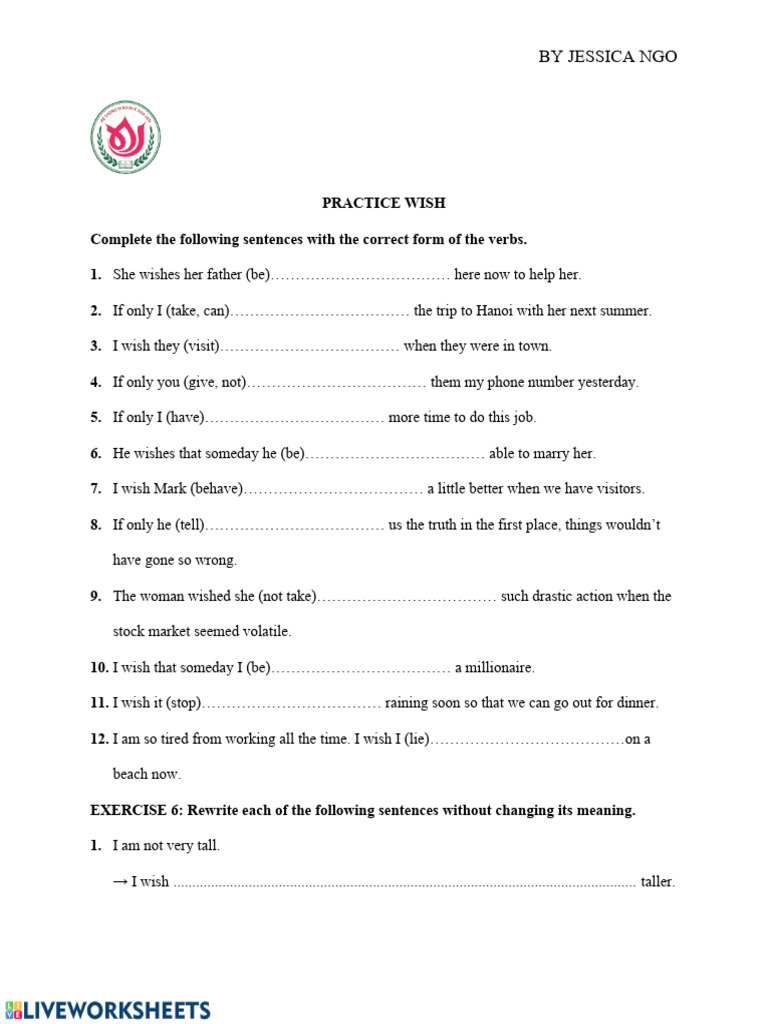 Verb Wish Practice Exercises | PDF