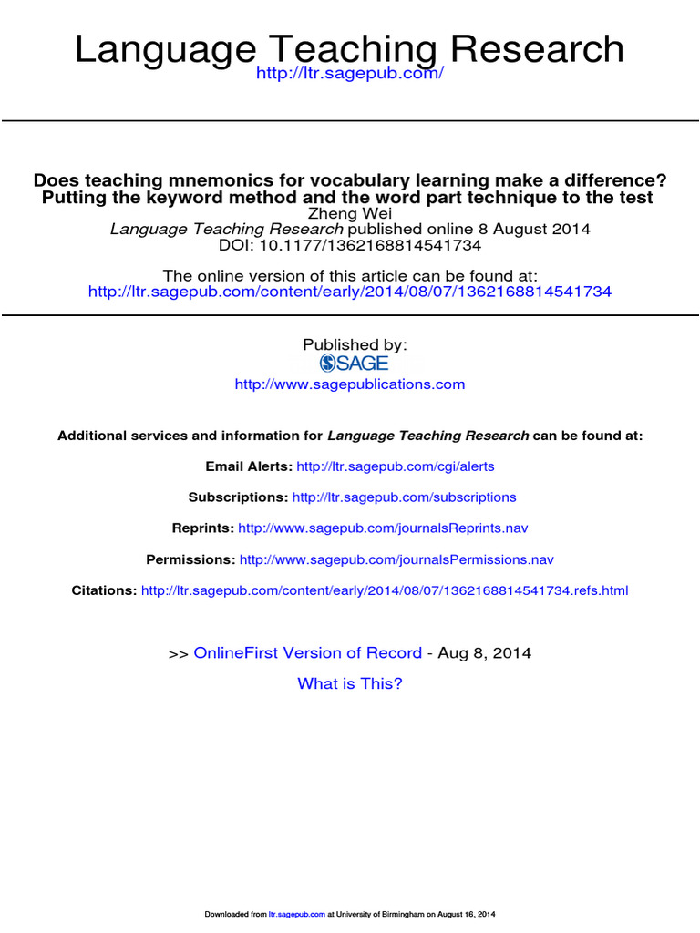 Wei - 2015 - Does Teaching Mnemonics For Vocabulary Learning Make A Difference | PDF | Second ...