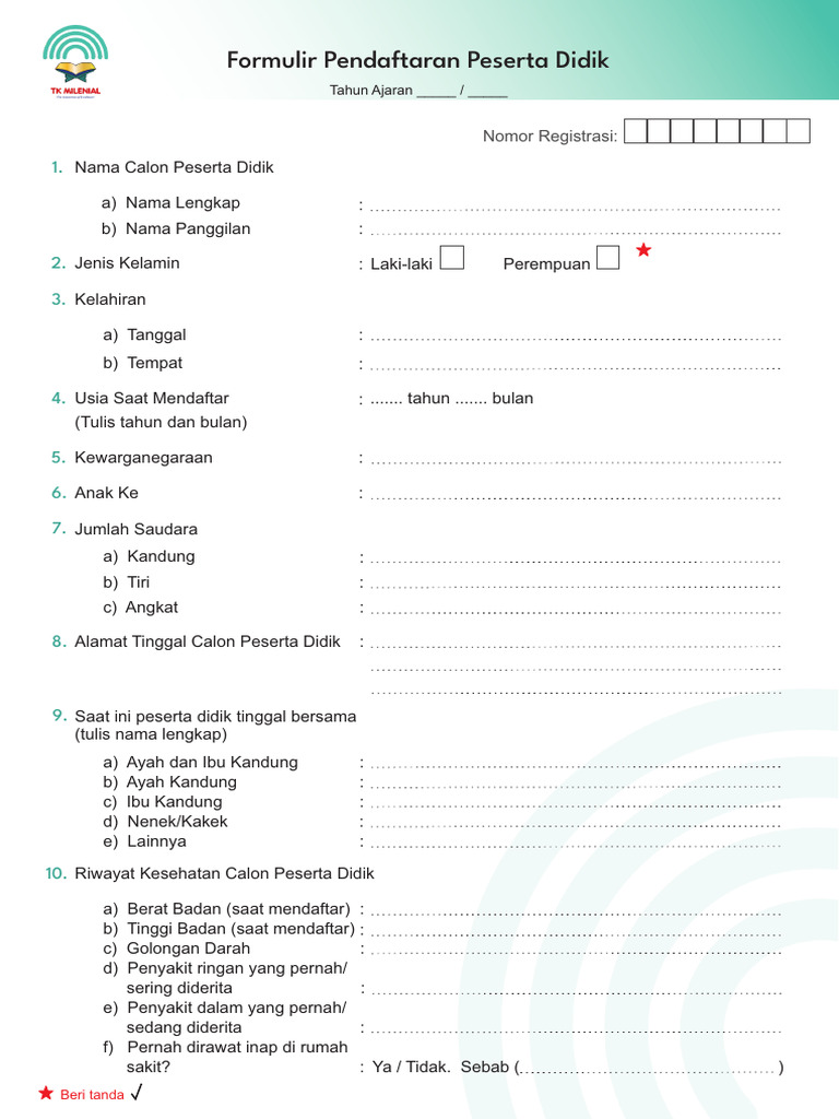Formulir Pendaftaran TK Milenial | PDF