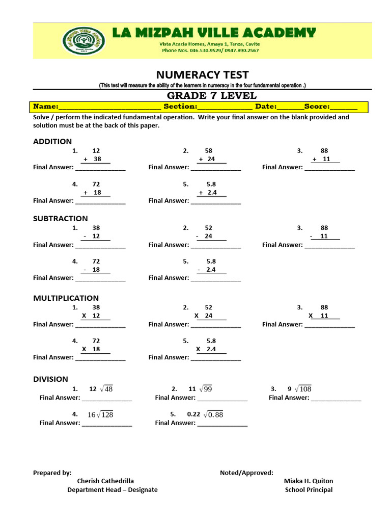 Numeracy Test | PDF | Procedural Knowledge | Reading (Process)