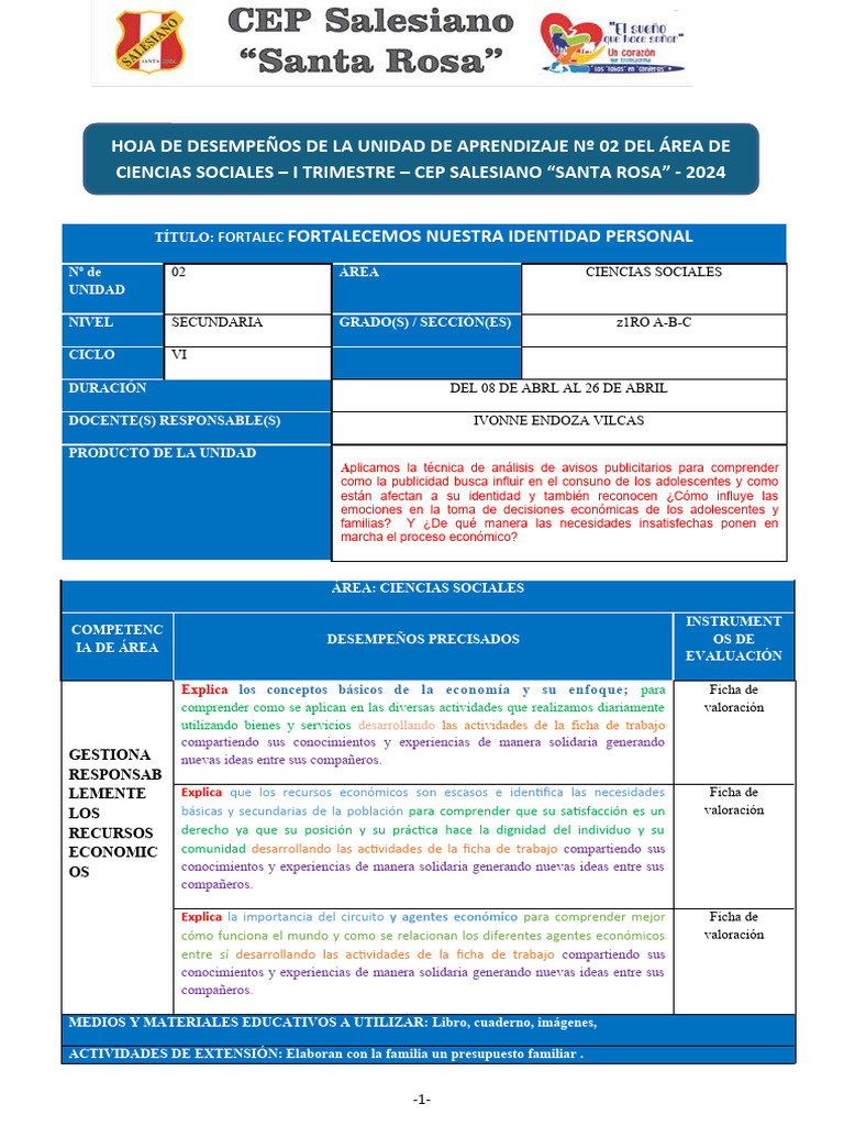 Hoja de Desempeno Cc.ss Unidad 02 1ro Sec It (1) | PDF | Evaluación | Ciencias del comportamiento