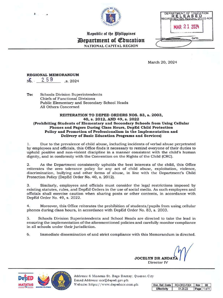 RM No. 259 S. 2024 Reiteration To DepEd Orders Nos. 83 S - 2023 40s ...