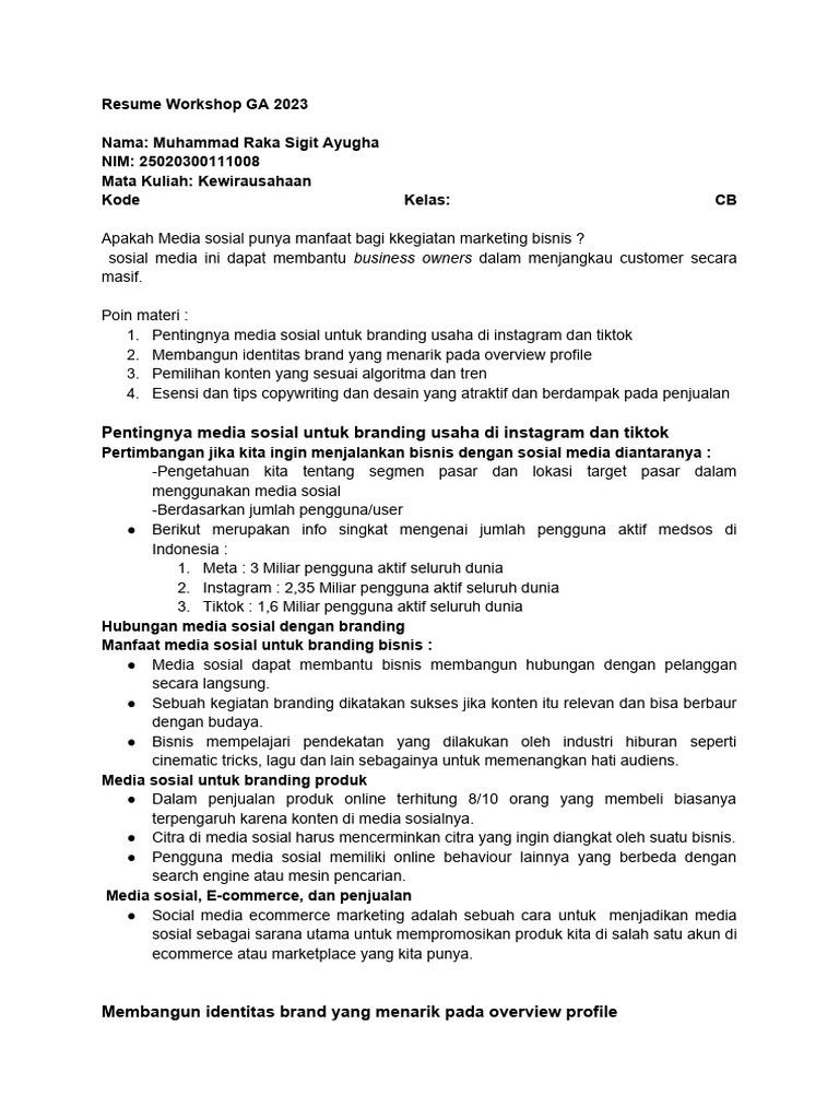 CB Resume Workshop Beverage Refreshologic Muhammad Raka Sigit Ayugha | PDF