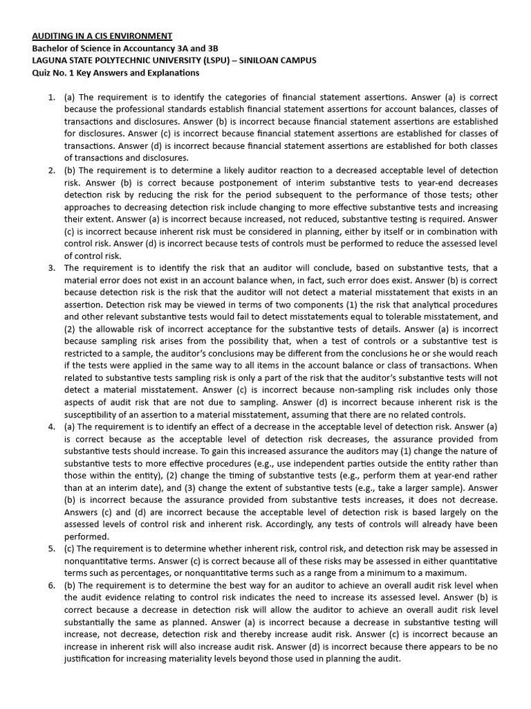 CIS Audit Quiz Answers & Explanations | PDF | Internal Control | Audit