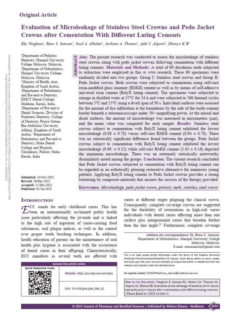Evaluation Of Microleakage Of Stainless Steel 94 Ca Pdf Tooth Dental Anatomy